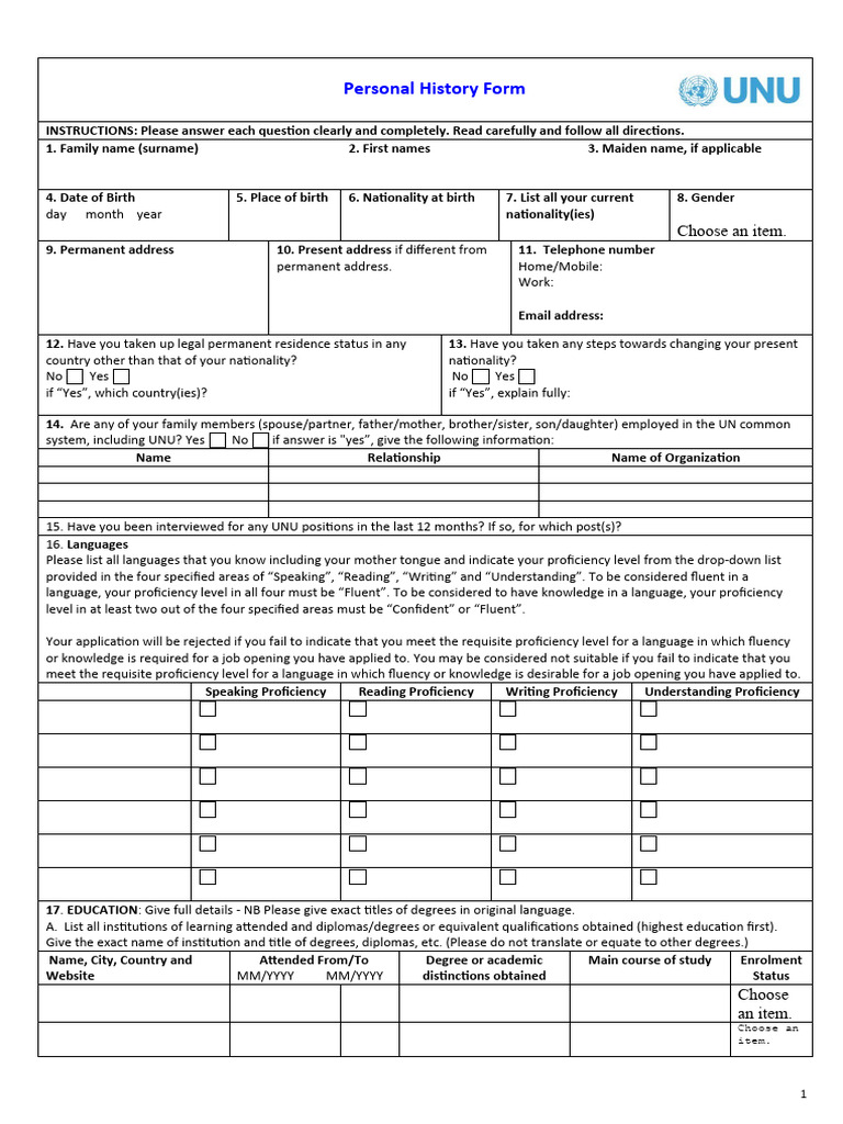 UNU P11 - Personal History Form | PDF | Academic Degree | Employment