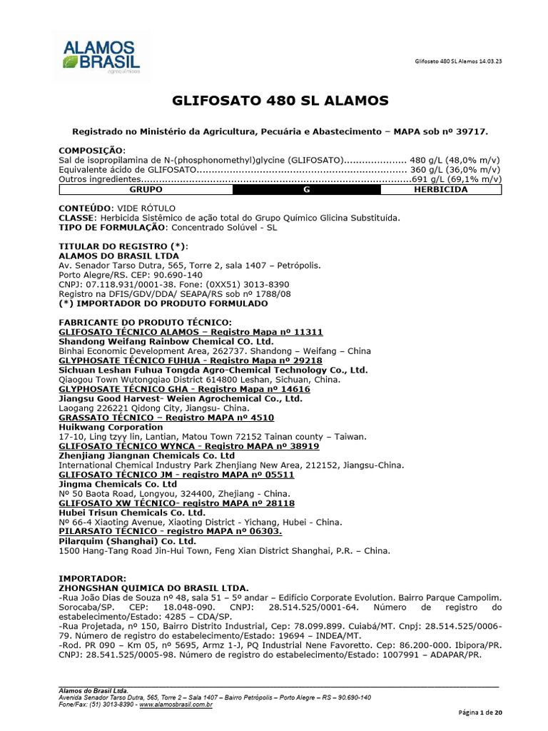 Bula do Glifosato 480 SL Alamos | PDF | Agricultura | Cana de açúcar
