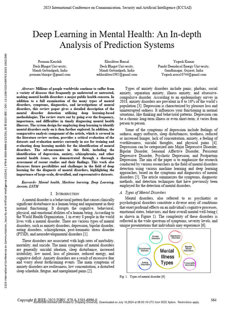 Deep Learning in Mental Health An In-Depth Analysis of Prediction Systems | PDF | Mental ...
