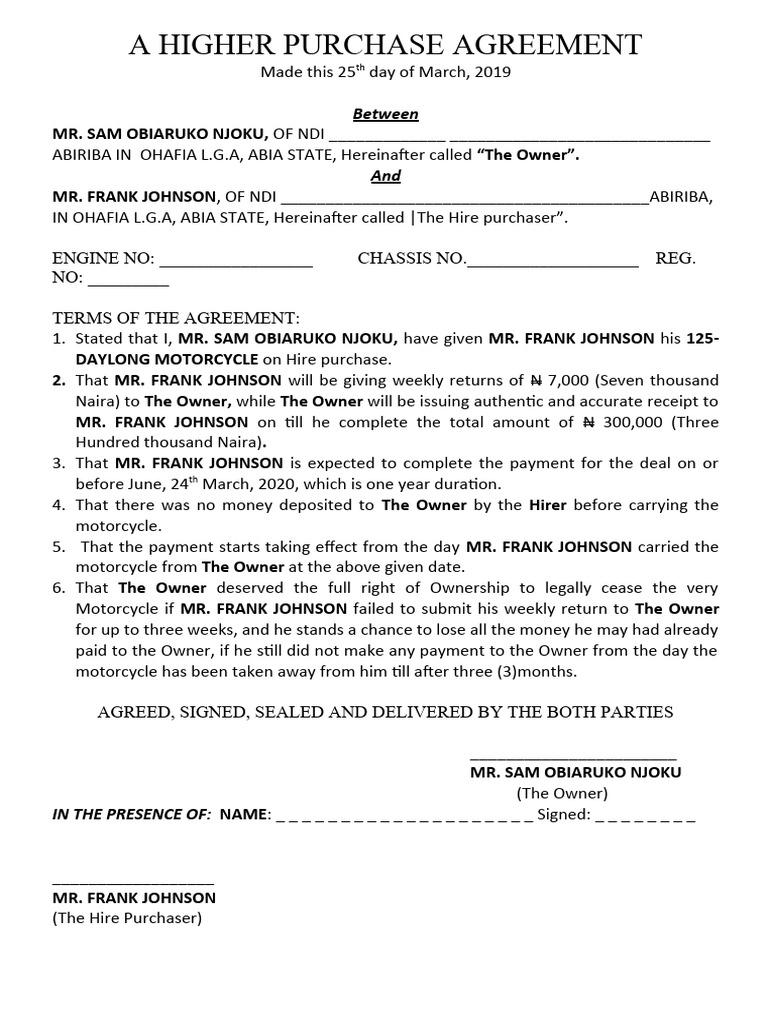 A Higher Purchase Agreement | PDF | Payments | Money