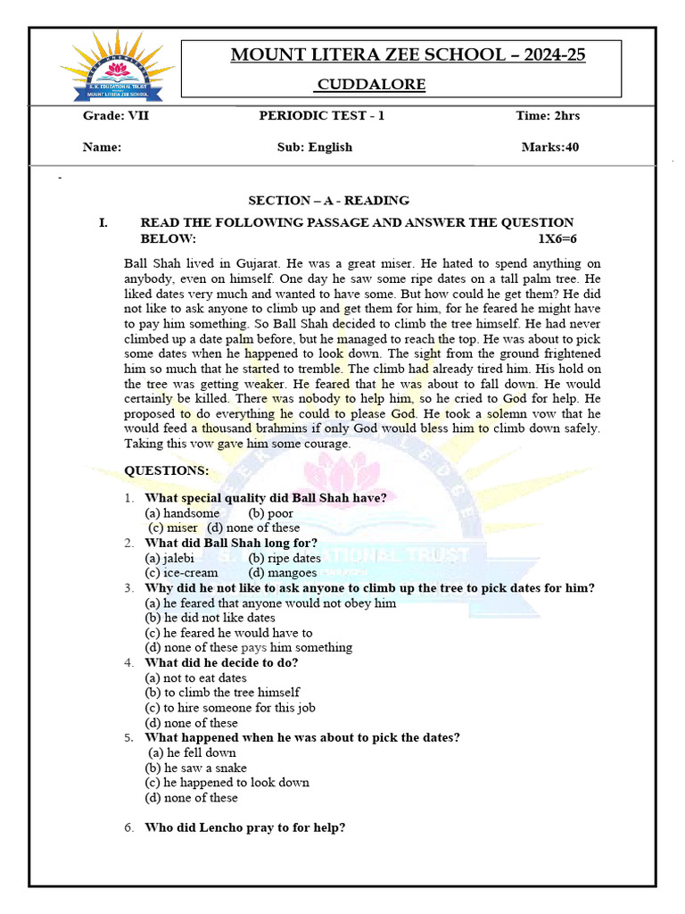 Question Paper Grade - 7 - English PT-1 - 2024 - 2025 | PDF | Language ...