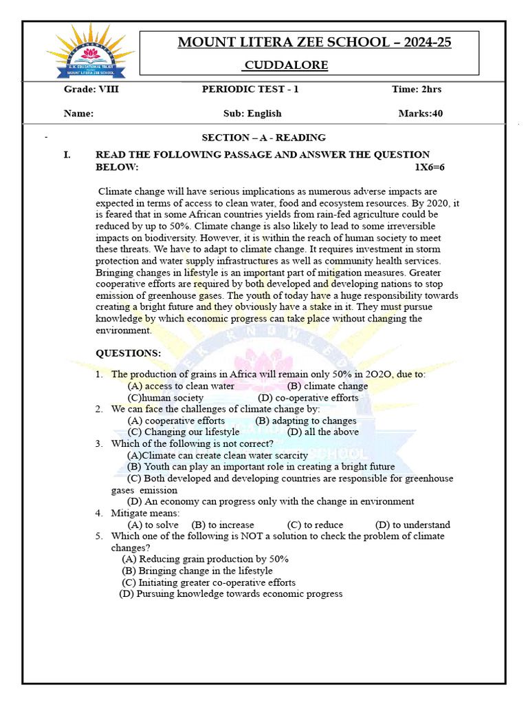 Question Paper Grade - 8 - English PT-1 - 2024 - 2025 | PDF | Climate ...