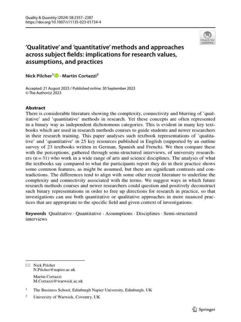 'Qualitative' and 'Quantitative' Methods and Approaches Across Subject ...