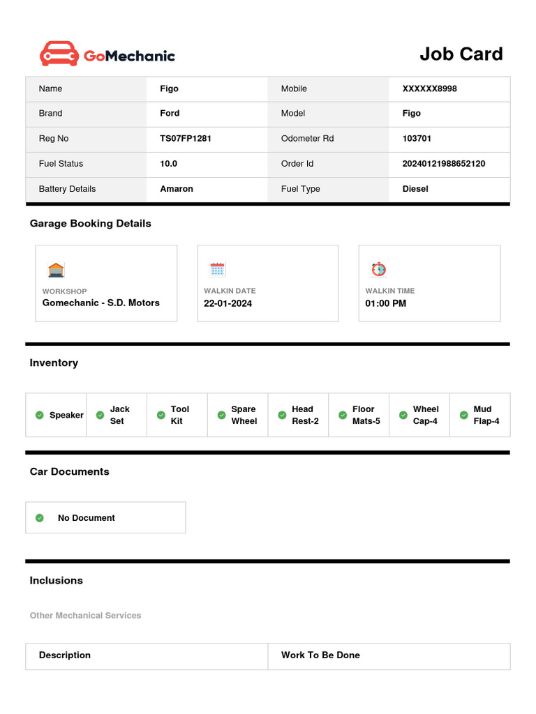 Jobcard Ford Figo TS07FP1281 | PDF | Vehicles | Land Vehicles