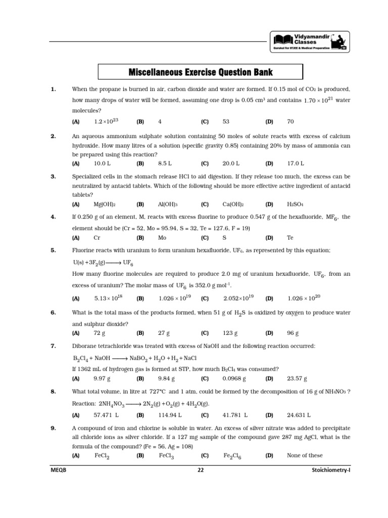 Stoichiometry Miscellaneous Question Bank | PDF | Concentration | Molar ...