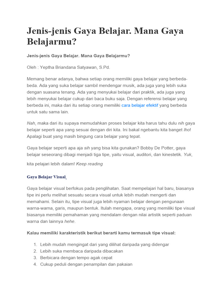 Jenis-Jenis Gaya Belajar Peserta Didik | PDF