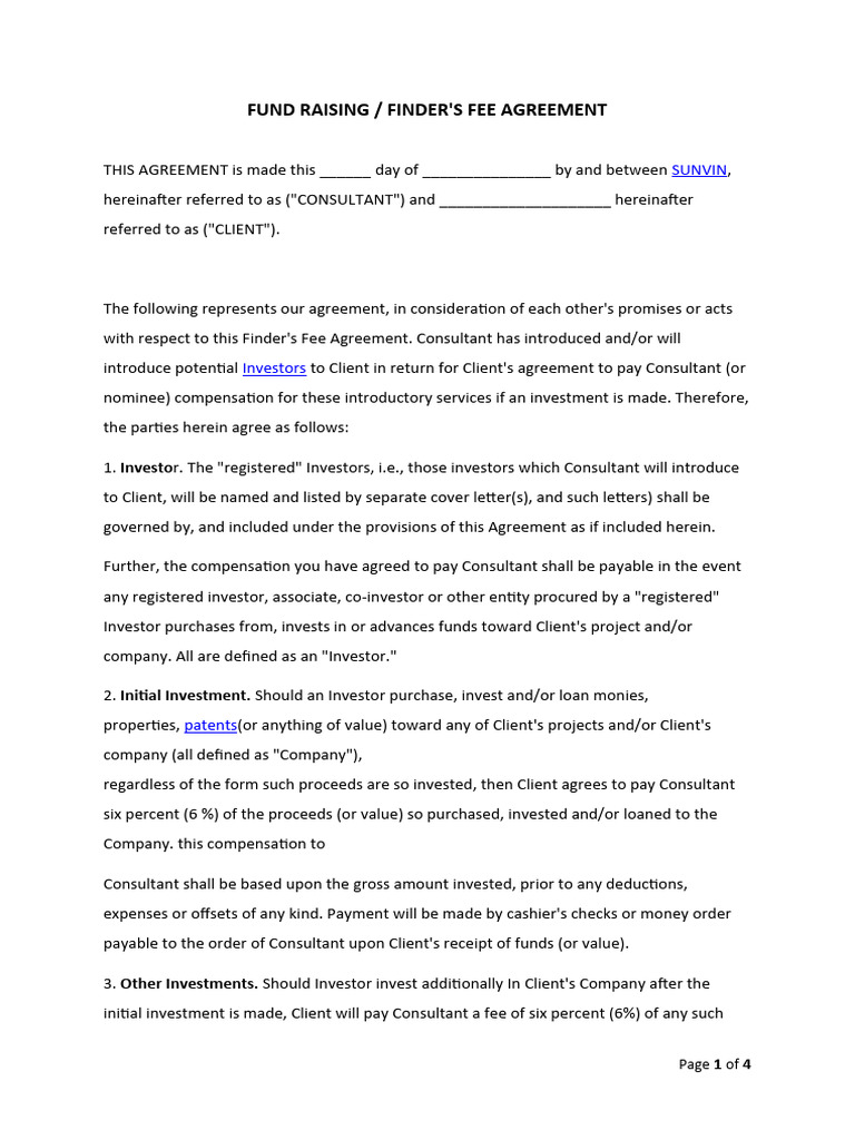 Fund Raising - Finder's Fee Agreement | PDF | Securities (Finance) | Investing