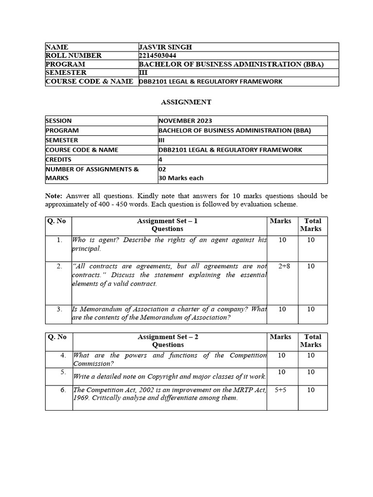 Assignment - DBB2101 - BBA 3 - Set 1 and 2 - Nov 23 | PDF | Copyright | Consideration