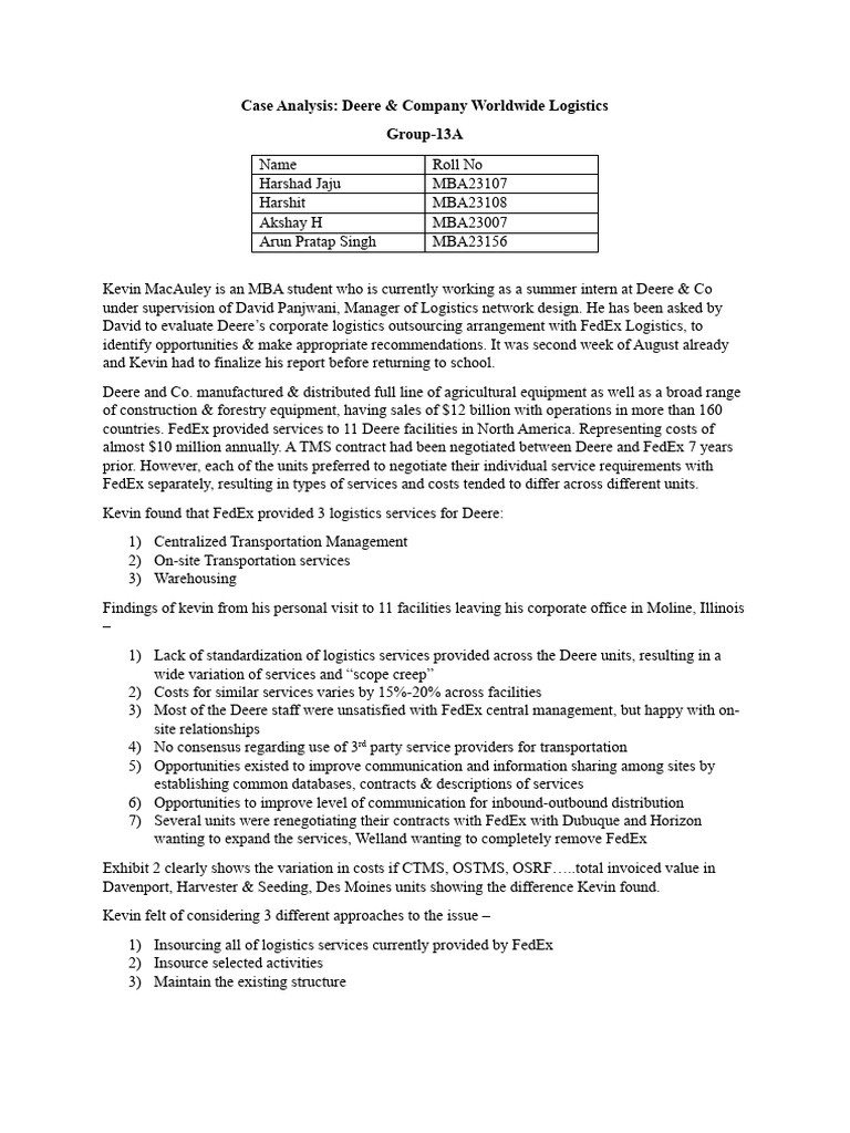 Group 13 Case Analysis - Deere & Co | PDF | Logistics | Outsourcing
