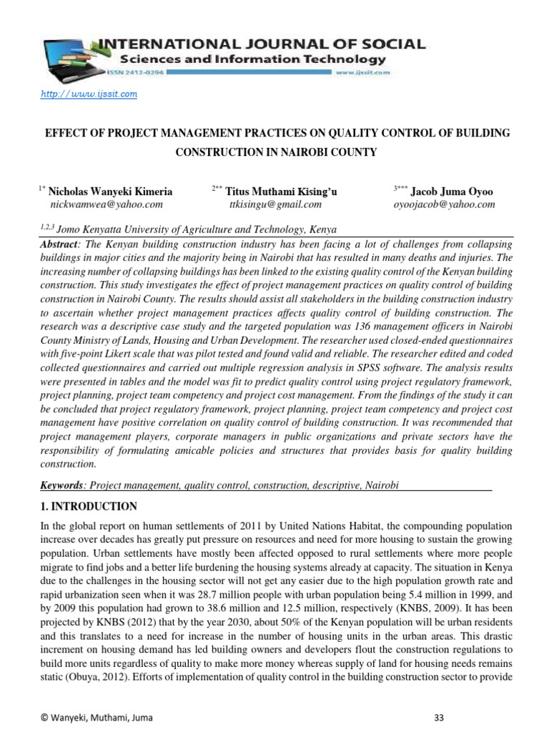Effect of Project Management Practices On Quality Control of Building Construction | PDF ...