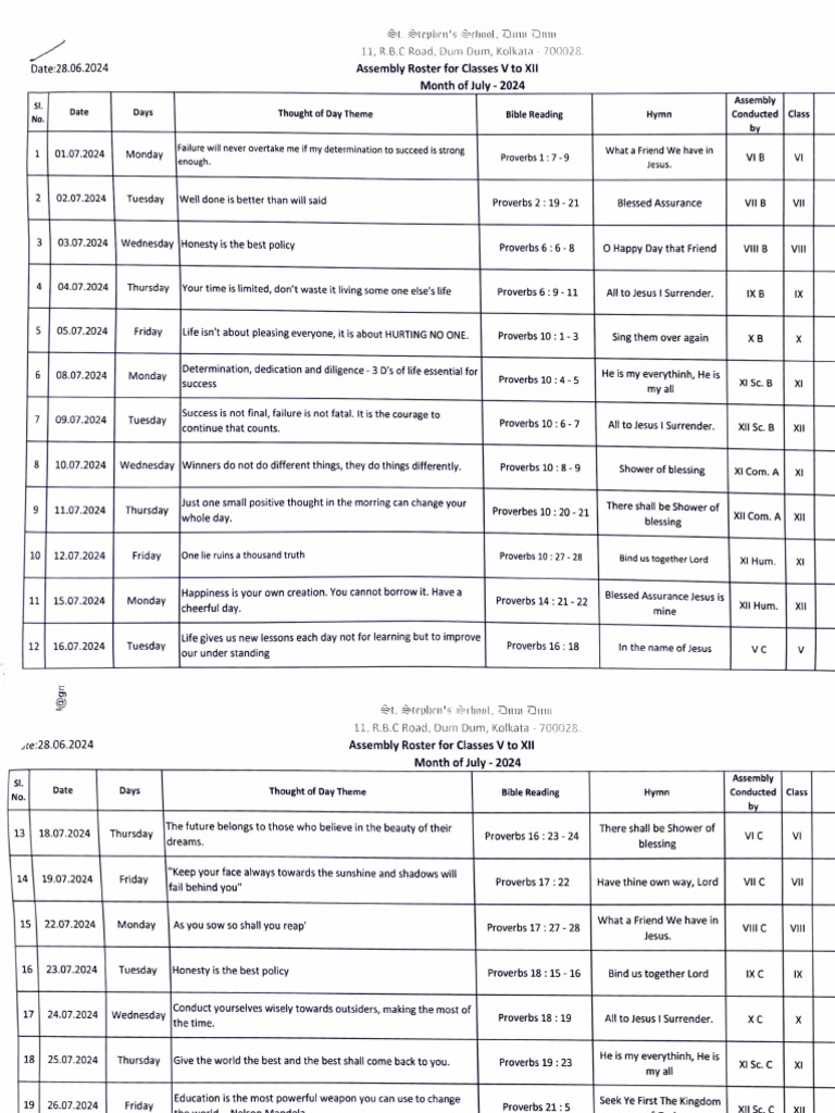 Assembly Roster For The Month of July, 2024 | PDF