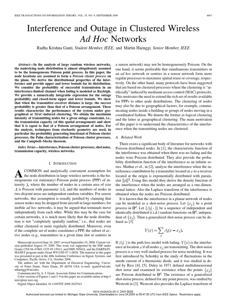 Interference and Outage in Clustered Wireless Ad Hoc Networks | PDF | Poisson Distribution ...