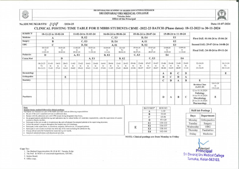 Revised Clinical Posting Time Table 2022-23 Batch - Reg | PDF