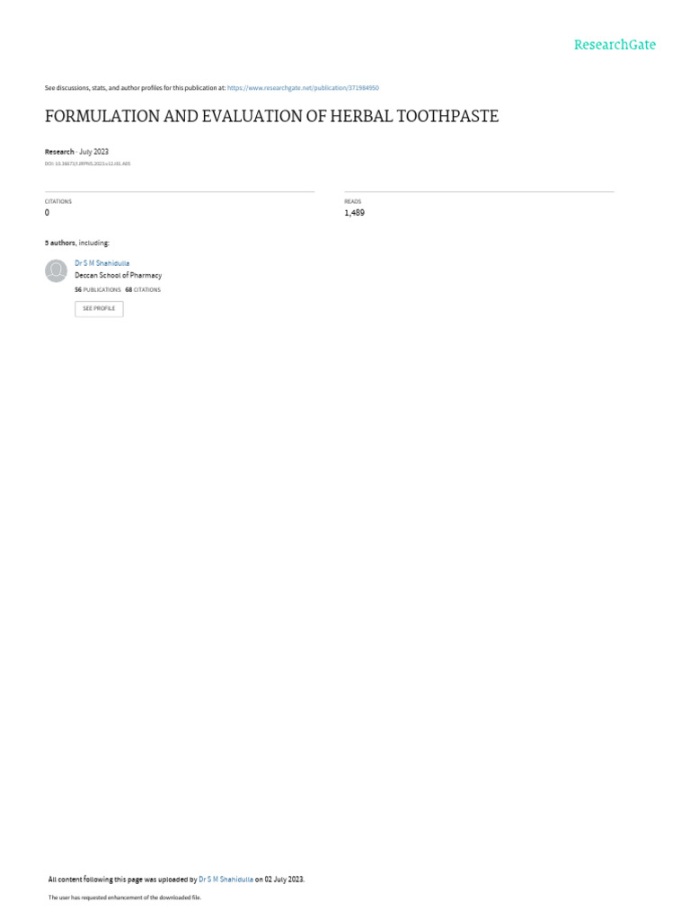 Formulation and Evaluation of Herbal Toothpaste: July 2023 | PDF ...