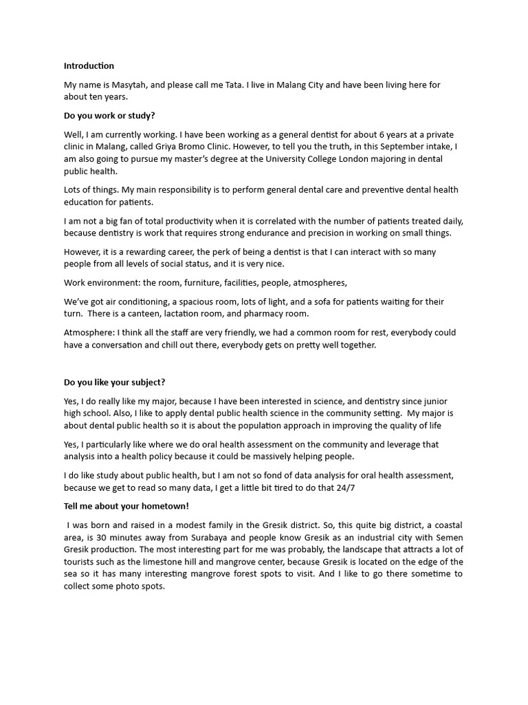 Ielts Speaking Draft Tata | PDF | Dentist | Health Care