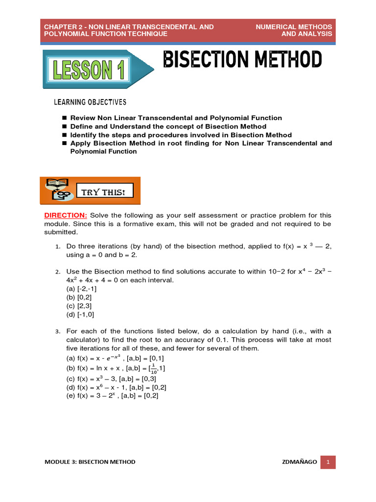 Module 2 Bisection Method | PDF | Equations | Zero Of A Function