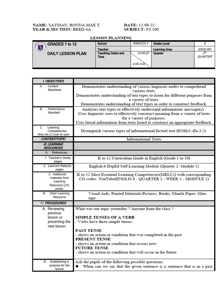 Daily Lesson Plan for Grade 6 English | PDF | Grammatical Tense | Books