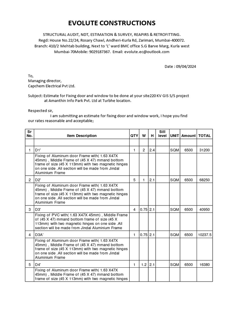 Capcem Estimate For Window and Door 09042024 | PDF | Building Technology | Architectural Elements