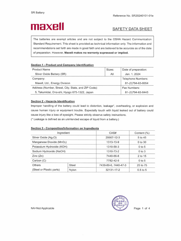 Maxell Button Battery SDS 2024 | PDF