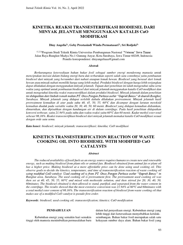 Kinetika Reaksi Transesterifikasi Biodie C8786c0a | PDF