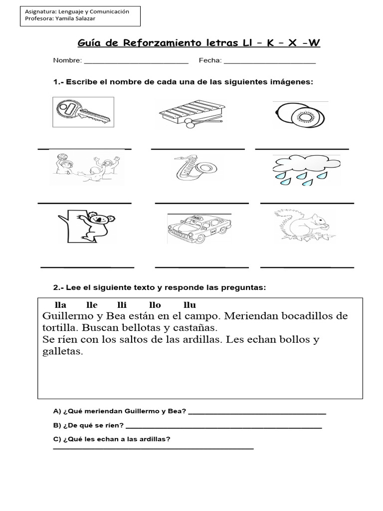 Guia de Reforzamiento Letra LL, K, X, W | PDF | Juegos y actividades ...