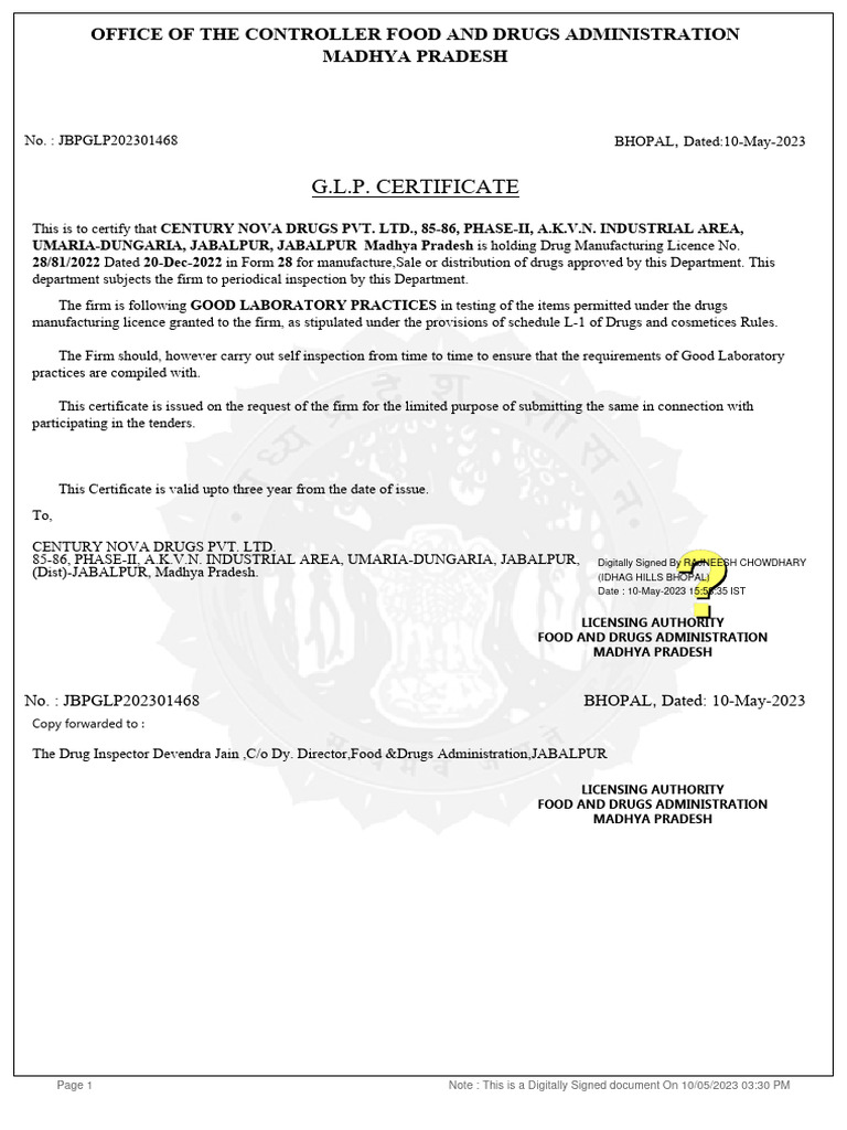 Good Laboratory Practices Certificate (Form 28) | PDF | License