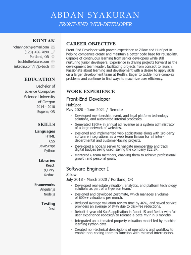 Front End Developer Resume Example | PDF | Compiler | World Wide Web