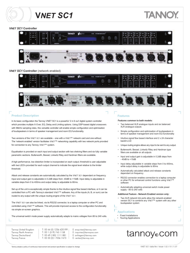 VNET SC1 Data Sheet | PDF | Equalization (Audio) | Loudspeaker