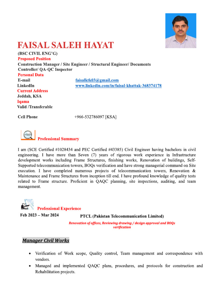 CV Engr Faisal Civil | PDF