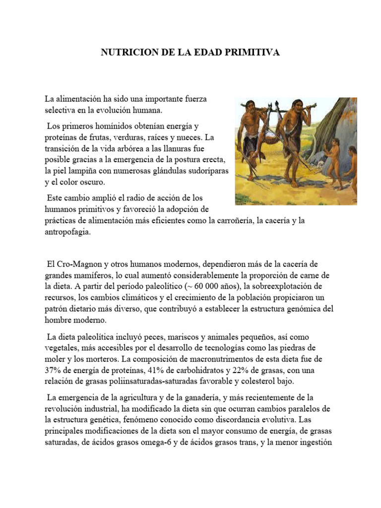 Nutrición en la Edad Primitiva: Evolución Dietaria | PDF
