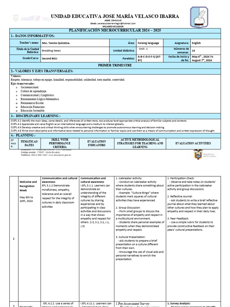 SECOND-Planificación Microcurricular-Primer Trimestre-2024-2025 | PDF | English As A Second Or ...