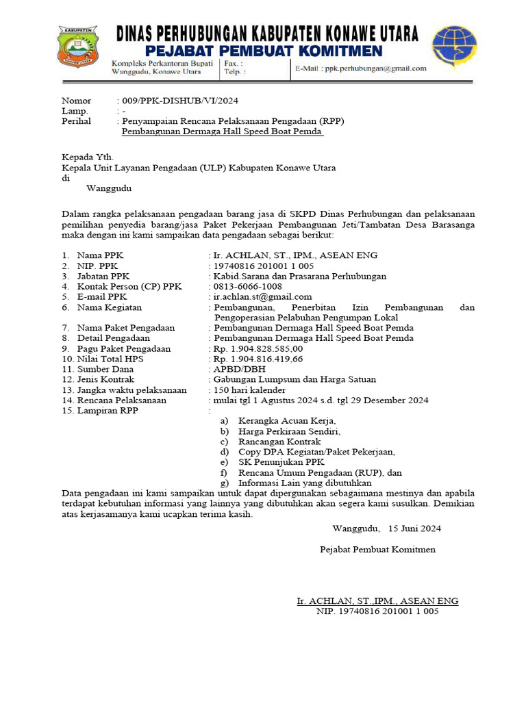 Surat Usulan RPP Dermaga Hall Speed Boat | PDF