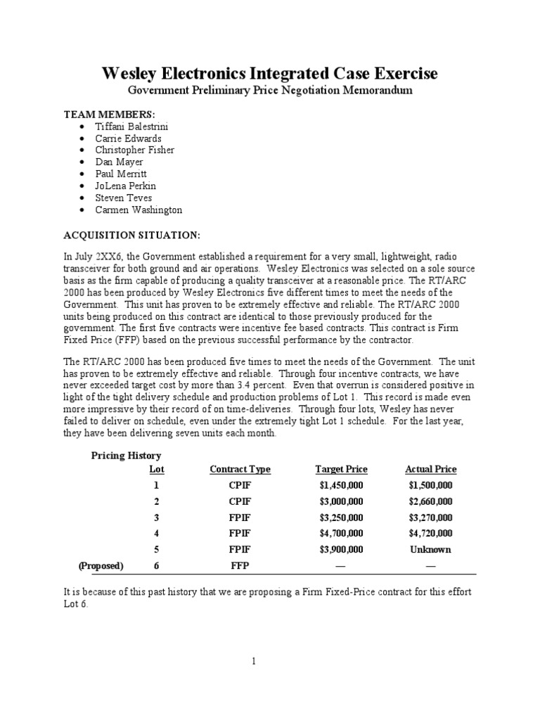 Wesley Electronics Integrated Case Exercise: Government Preliminary ...