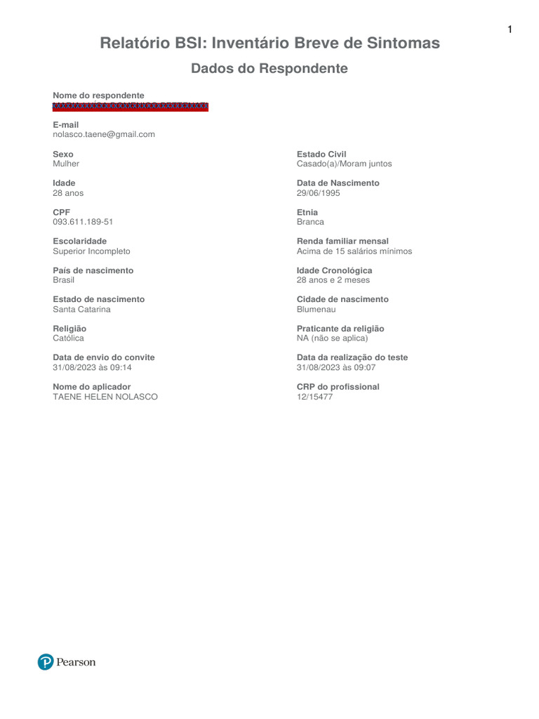 Bsi Modelo Relatório | PDF | Depressão | Ansiedade