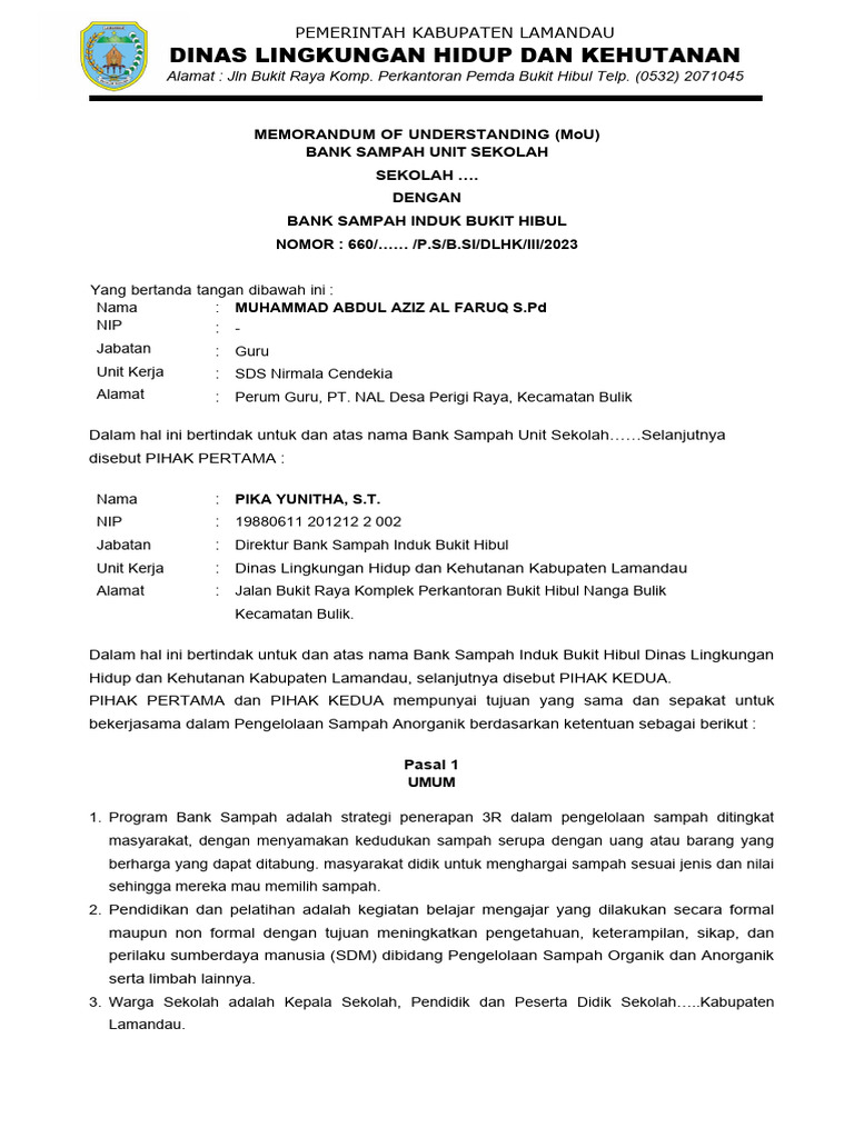 Mou Bank Sampah Paguyuban Purnama | PDF