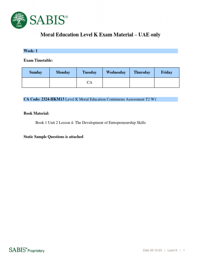 2324 Level K (UAE) Moral Education Exam Related Materials T2 W1 | PDF