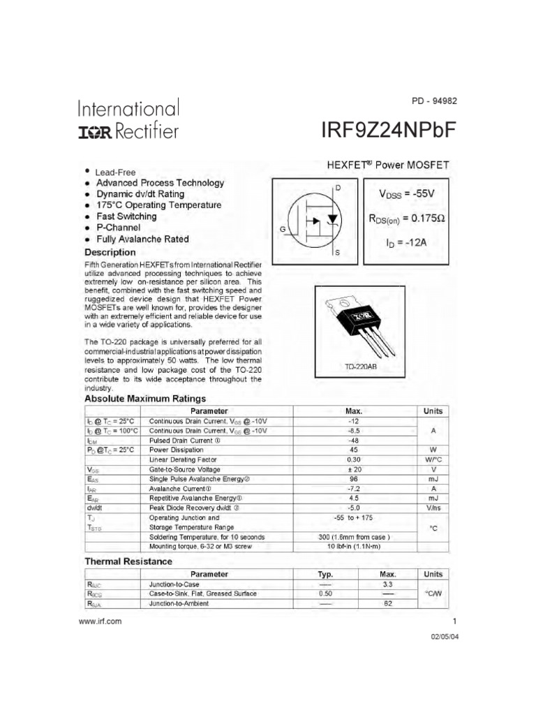 Infineon IRF9Z24N DataSheet v01 01 En | PDF | Inductance | Diode