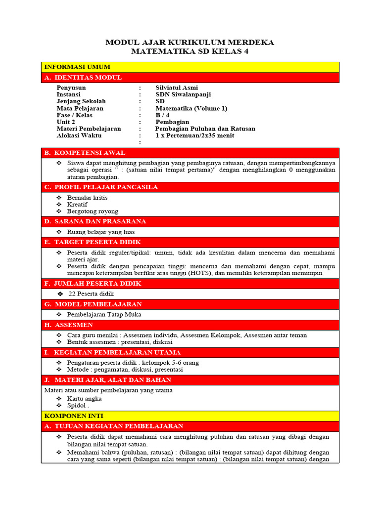 Modul Ajar MTK Unit 2 Kelas 4 Semester 1 | PDF Modul Ajar MTK Unit 2 Kelas 4 Semester 1 | PDF