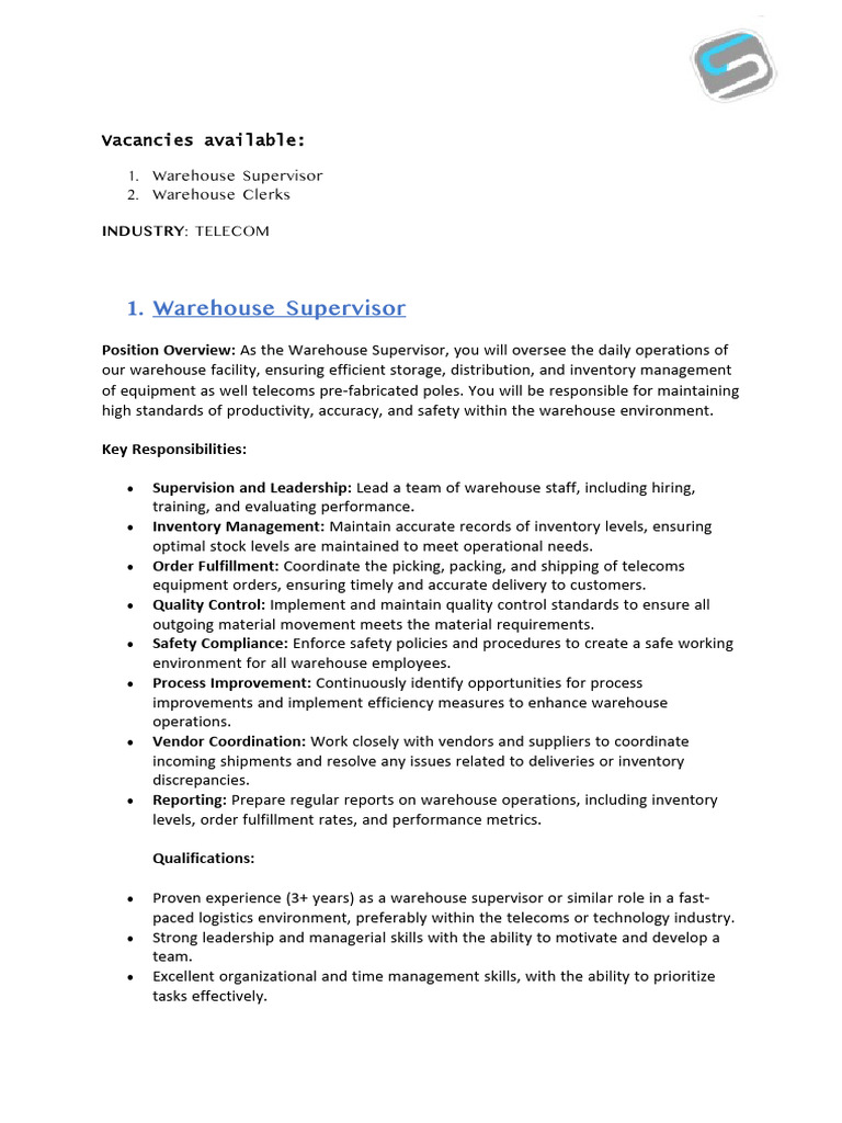 Warehouse Job Vacancies | PDF | Warehouse | Logistics