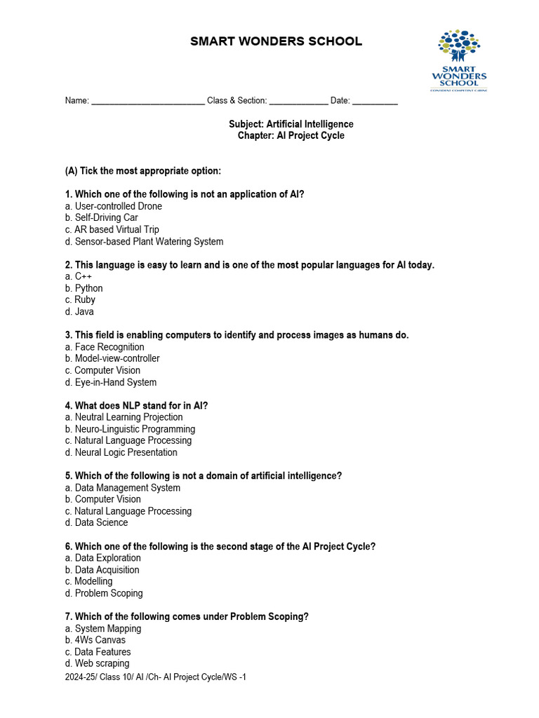AI Project Cycle Quiz for Class 10 | PDF | Artificial Intelligence ...