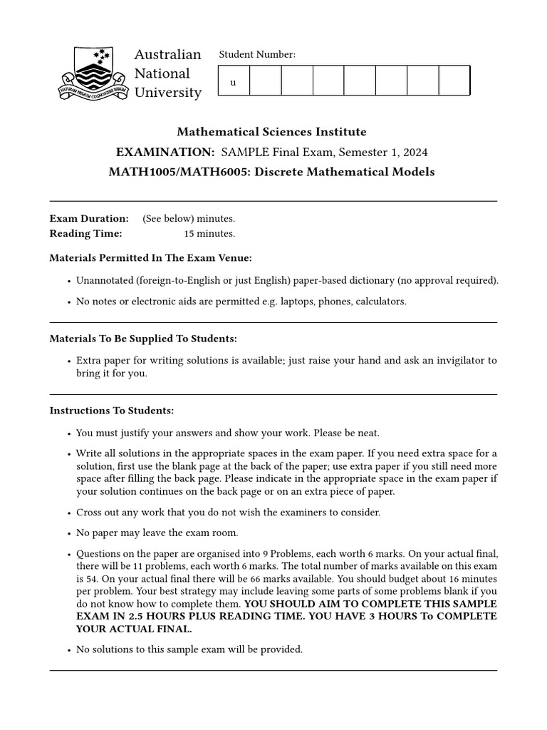 Math1005 and Math6005 Sample Final | PDF | Vertex (Graph Theory ...