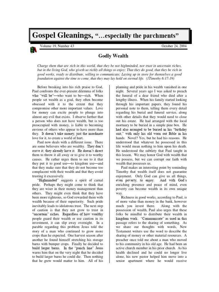 Godly Wealth First Timothy by Elder Joe Holder | PDF | Paul The Apostle ...
