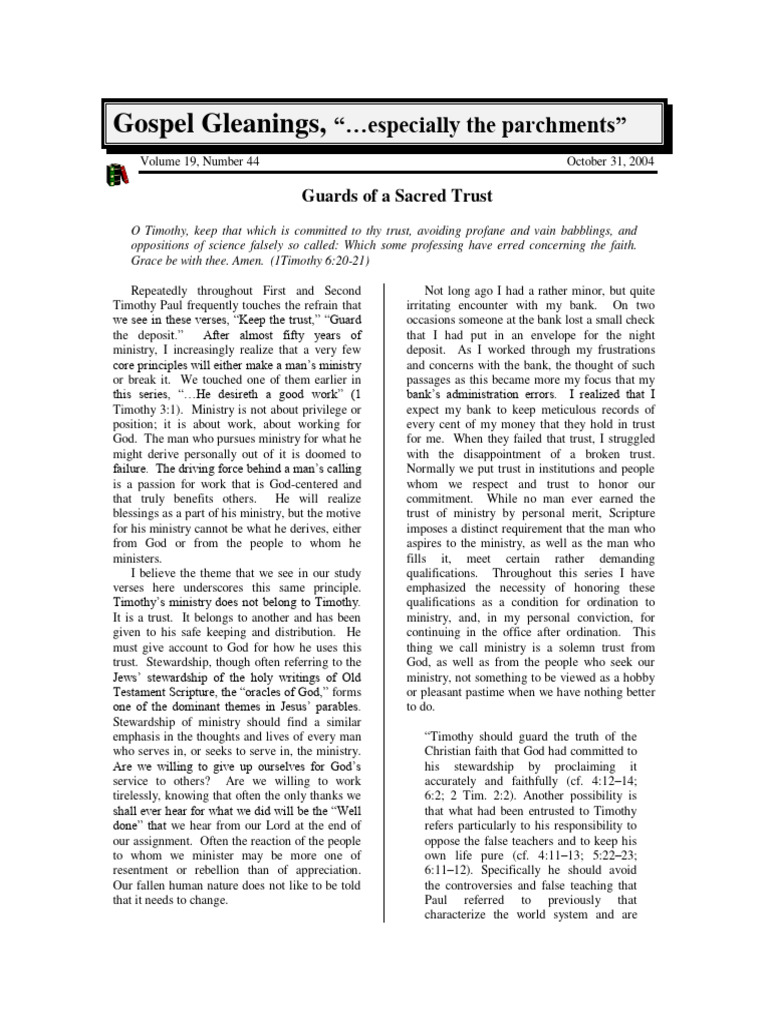Guards of A Sacred Trust First Timothy by Elder Joe Holder | PDF ...