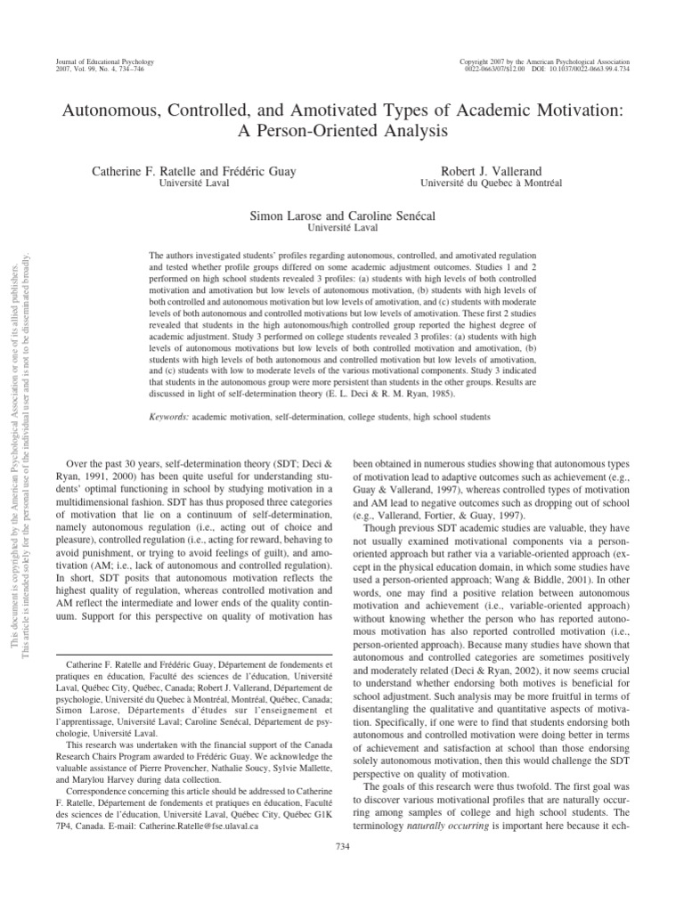 Autonomous Controlled and Amotivated Types of Academic Motivation | PDF ...