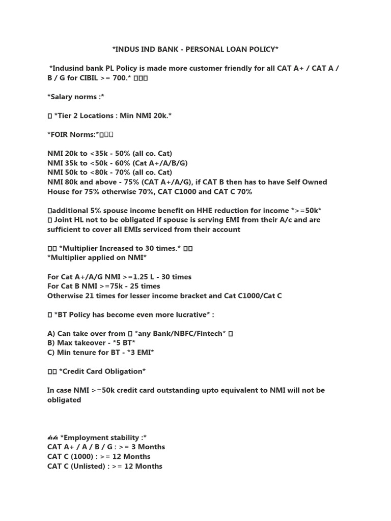 IndusInd Bank Personal Loan Policy Update | PDF