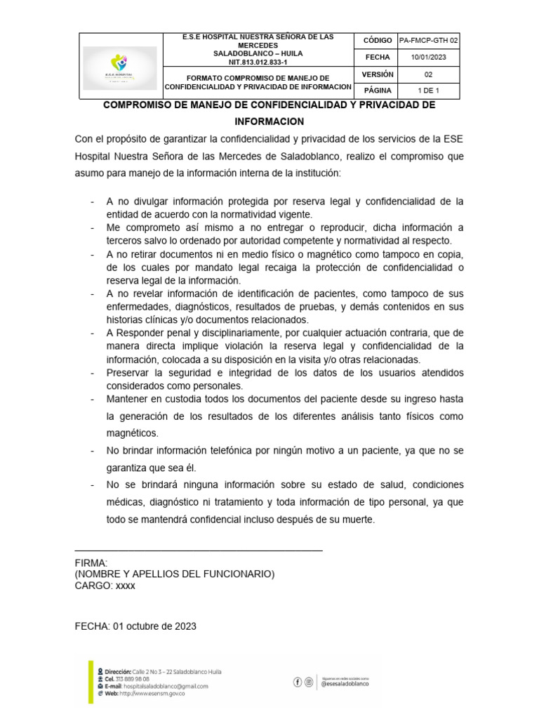 Pa-Fmcp-Gth 02 Formato de Confidencialidad | PDF | Historial médico