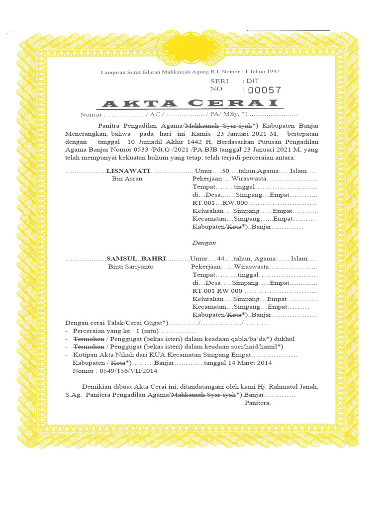 Contoh Akta Cerai | PDF