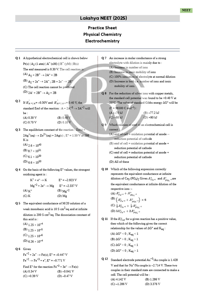 Electrochemistry - Practice Sheet - Lakshya NEET 2025 | PDF ...