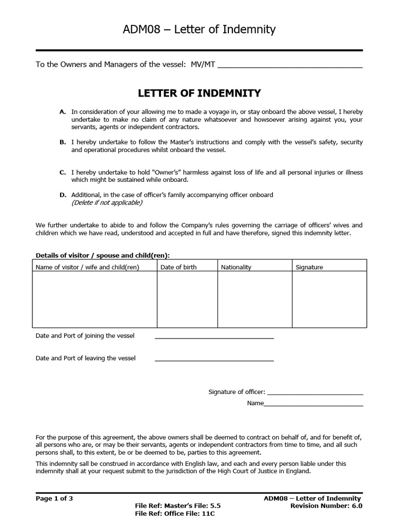 Adm 08 - Letter of Indemnity | PDF | Travel Visa | Insurance