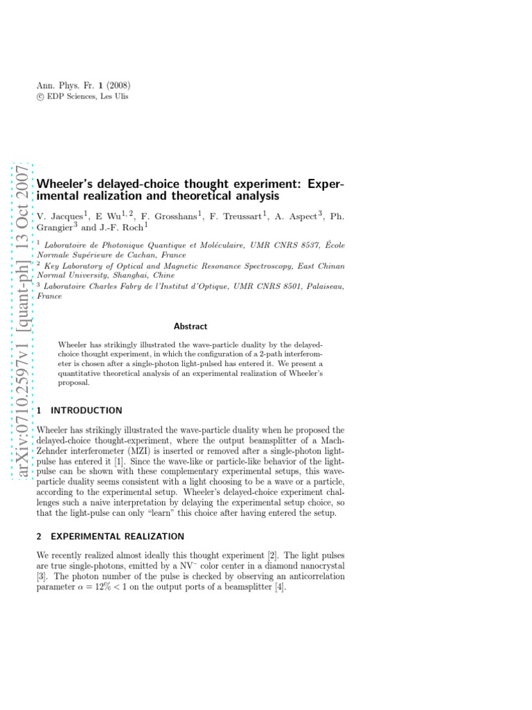 Wheeler's Delayed-Choice Thought Experiment: Exper-Imental Realization ...